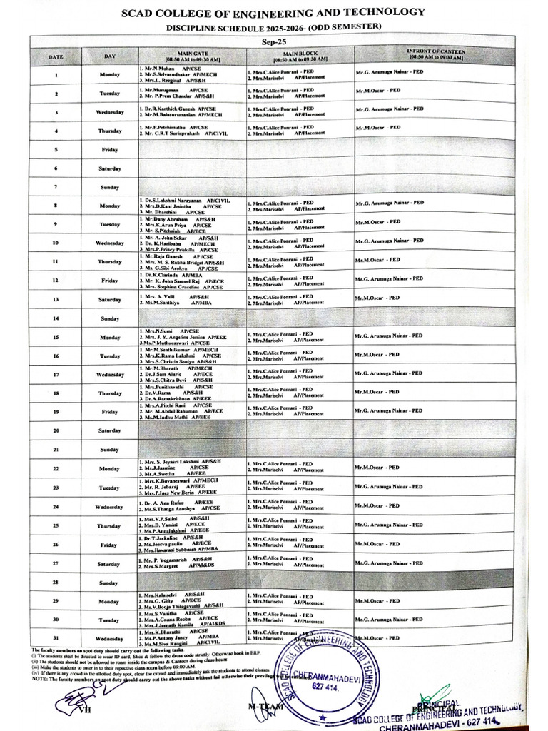 Discipline Duty Schedule - Sep 2025 | PDF