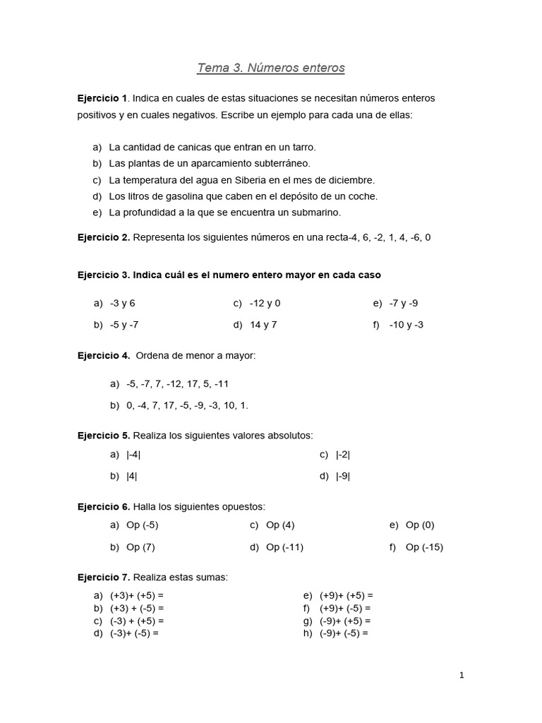 Ejercicios sobre Números Enteros | PDF | Entero
