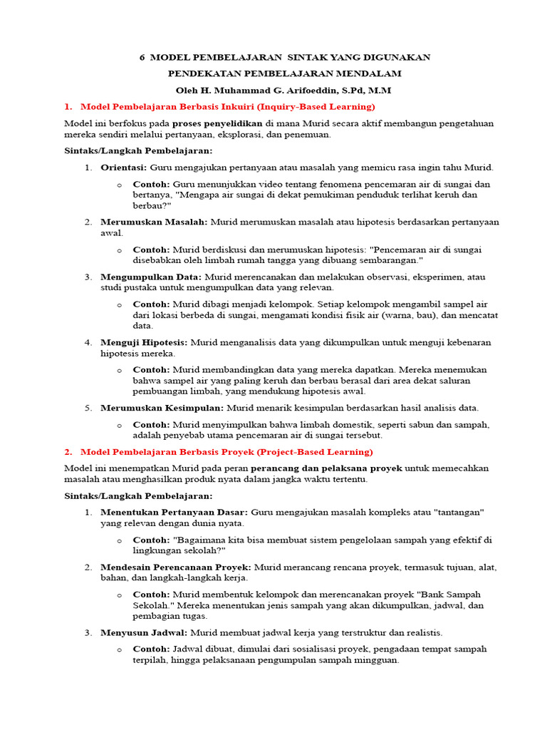 Sintak 6 Model Pembelajaran Mendalam | PDF