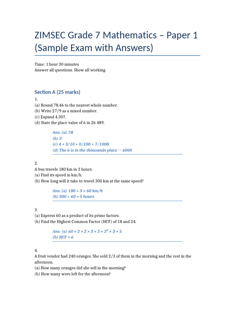 ZIMSEC Grade 7 Math Sample Paper 1 | PDF