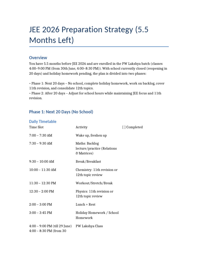 JEE 2026: 5.5-Month Study Plan | PDF