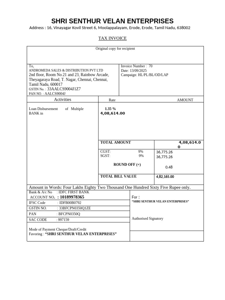 Tax Invoice for Loan Disbursement | PDF