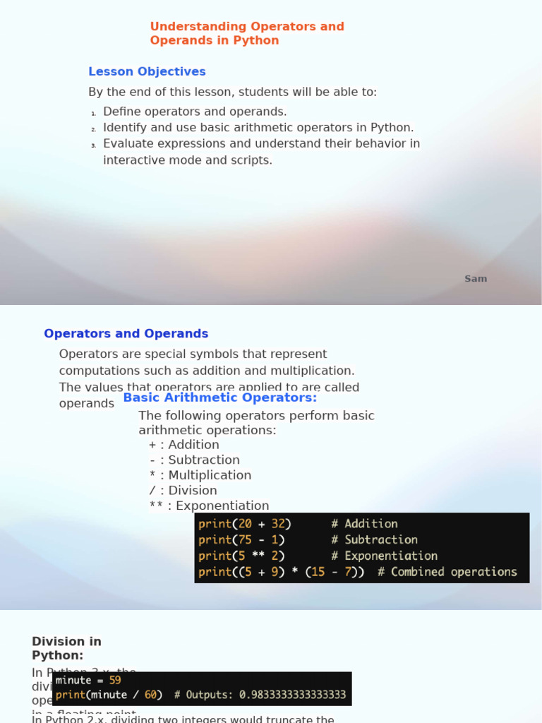 Lesson 3 Understanding Operators and Operands in Python | PDF