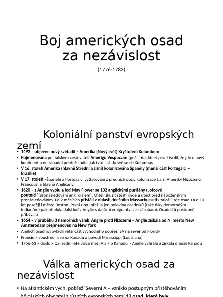 Boj Amerických Osad Za Nezávislost (Nové, Stručné) | PDF