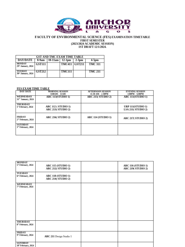 New Fes 1st Draft Exam Time Table of 1st Semester 2023 2024 | PDF