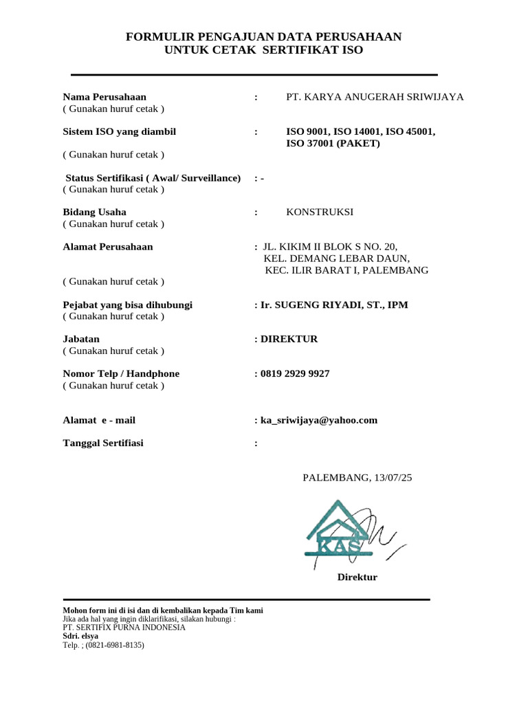 Formulir Pengajuan Sertifikat ISO Konstruksi | PDF