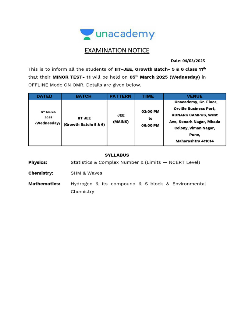 Examination Notice - Iit Jee Growth 5&6 Minor Test 11 | PDF
