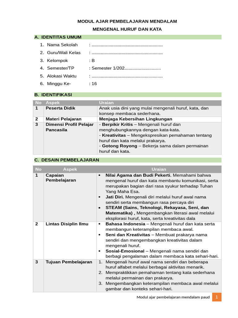 Modul Pembelajaran Huruf dan Kata PAUD | PDF