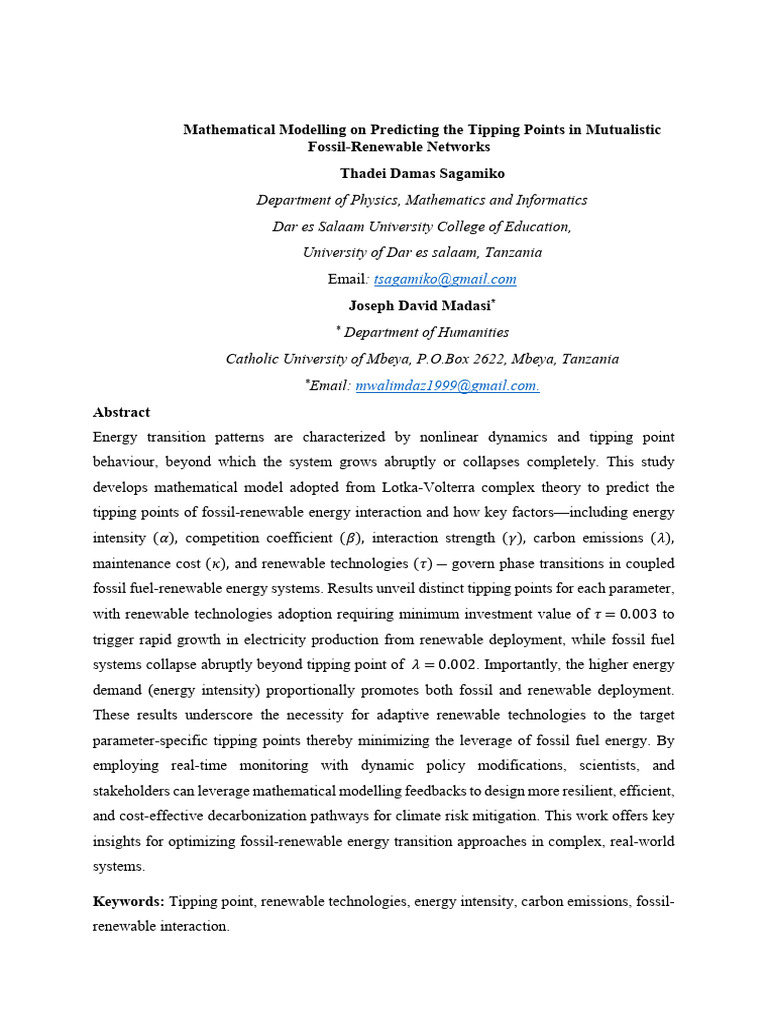 Mathematical Modelling on Predicting the Tipping Points in Mutualistic Fossil-Renewable Networks ...