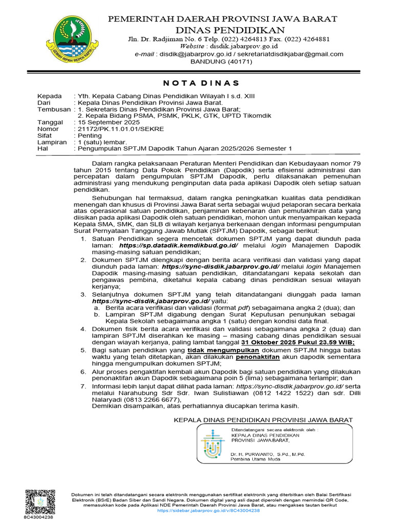 Nota Dinas Pengumpulan SPTJM Dapodik Tahun Ajaran 20252026 Semester 1 160925 f2349336 Signed | PDF