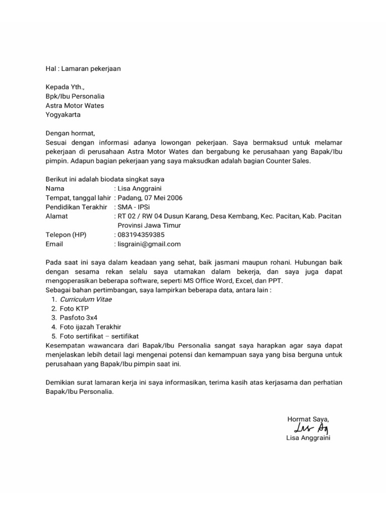 Surat Lamaran Lisa Anggraini | PDF
