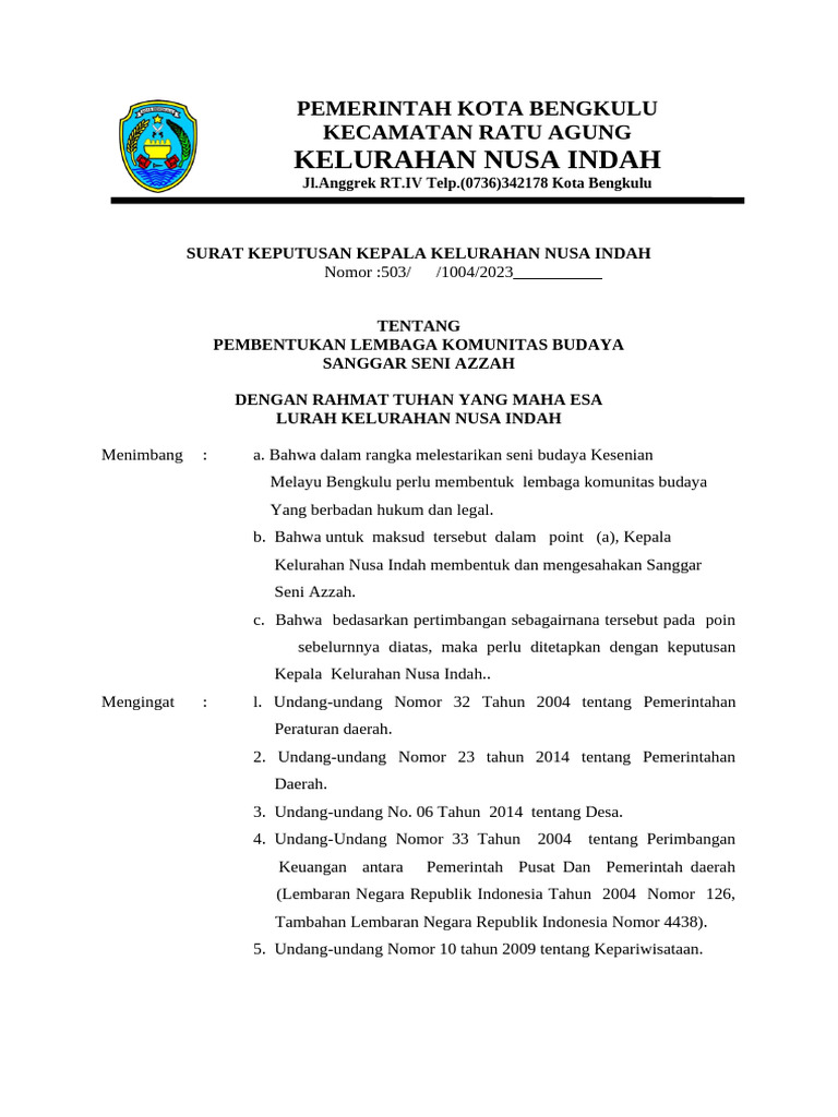 Pembentukan Sanggar Seni Azzah di Nusa Indah | PDF