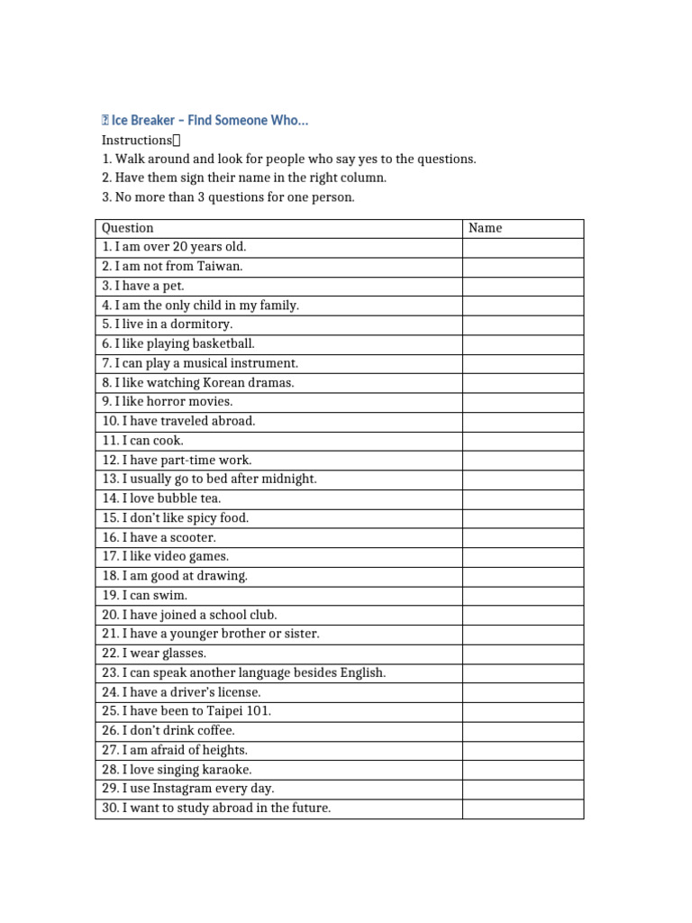 Ice Breaker: Find Someone Who Game | PDF
