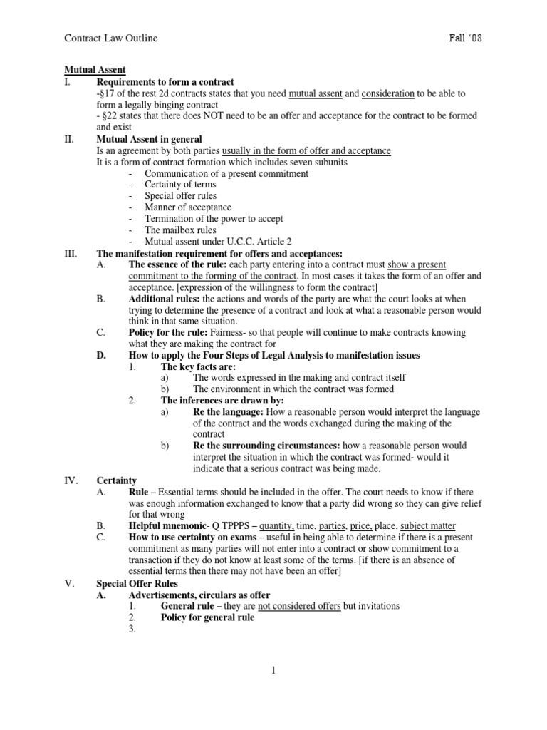 Contract Law Outline | PDF | Offer And Acceptance | Consideration