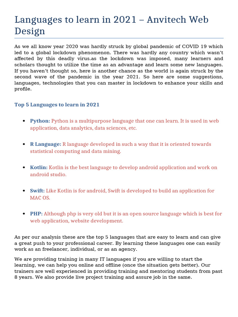 Top 5 Languages to Learn in 2021 | PDF