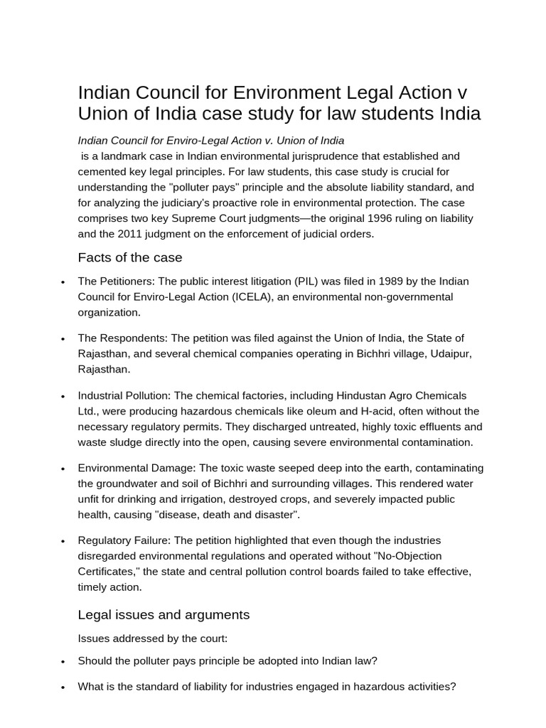 Indian Council For Environment Legal Action V Union of India Case Study ...