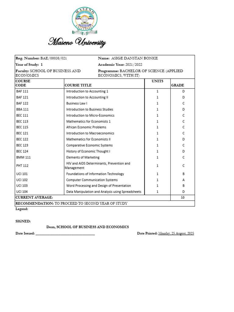 Maseno University Academic Transcript | PDF | Economics | Economies
