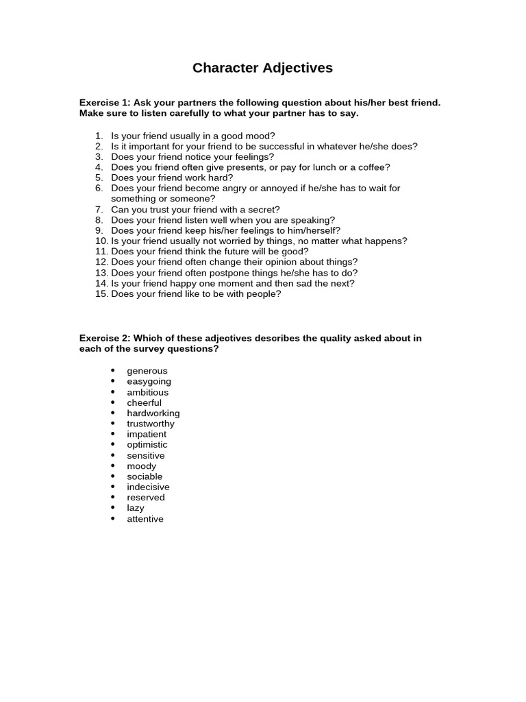 Character Adjectives Exercise Guide | PDF