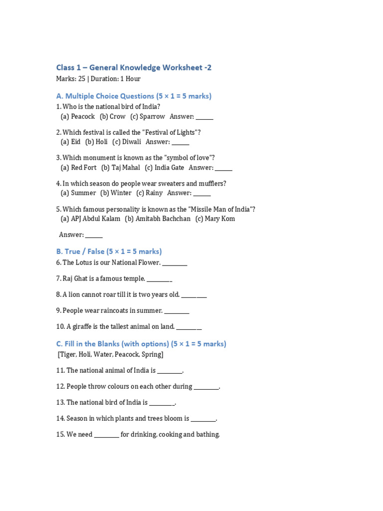 Class 1 GK Worksheet 2 | PDF