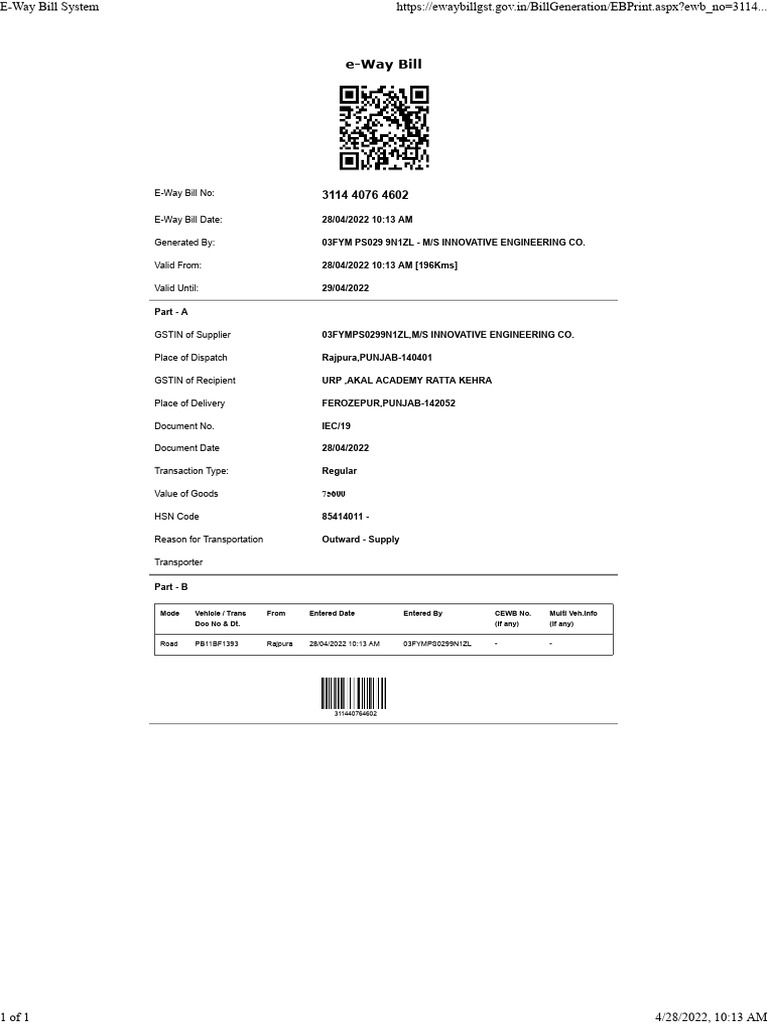 E-Way Bill for Innovative Engineering Co. | PDF