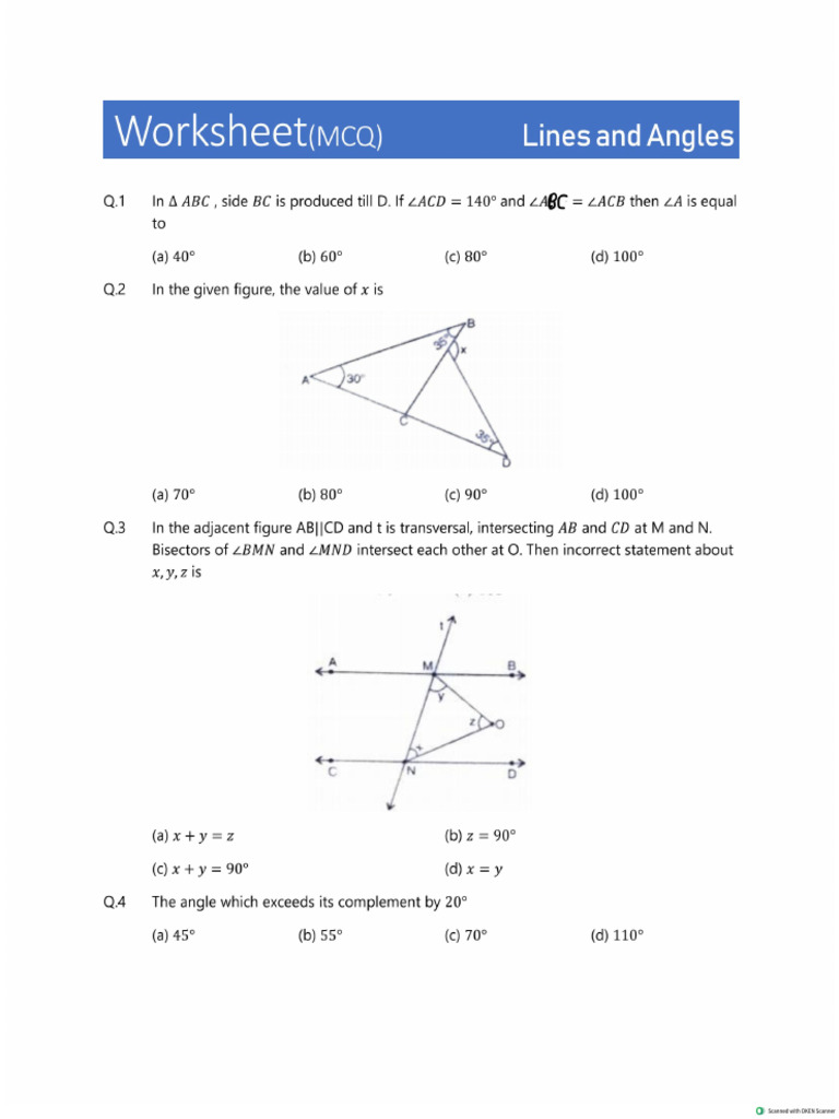 Lines and Angles (MCQ) 24-25 | PDF