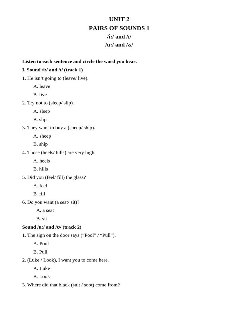 Sound Discrimination Practice: /i:/ vs /ɪ/ & /u:/ vs /ʊ/ | PDF