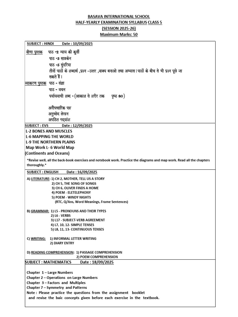 Class 5 Half-Yearly Exam Syllabus | PDF
