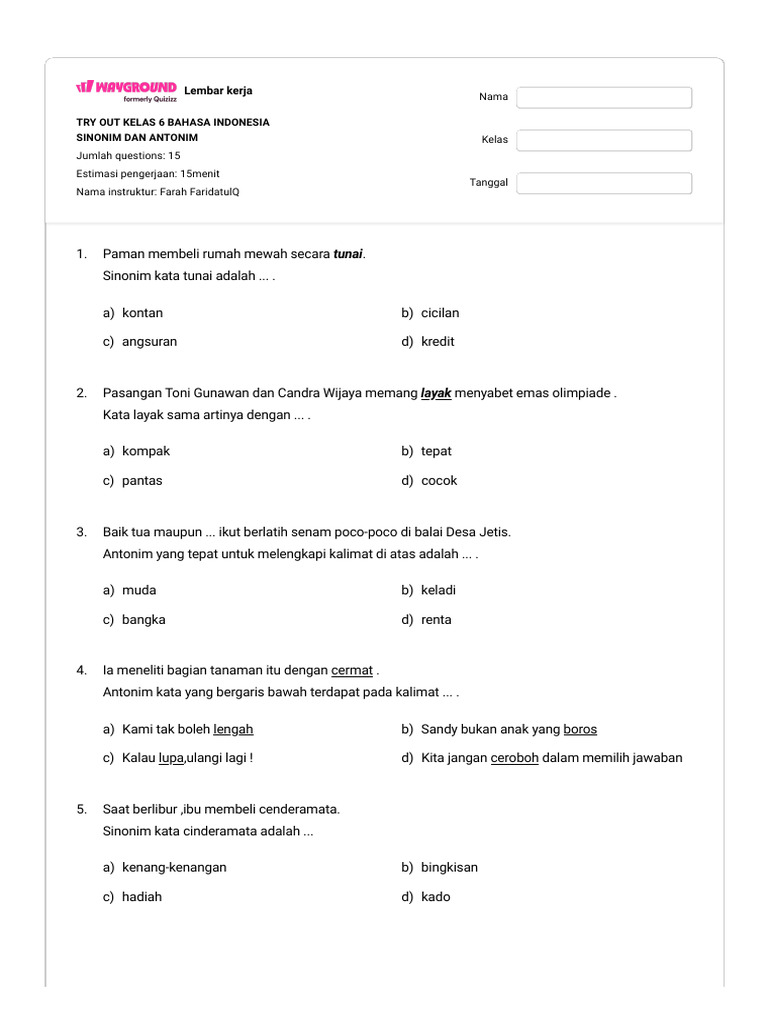 Soal Sinonim dan Antonim Kelas 6 | PDF