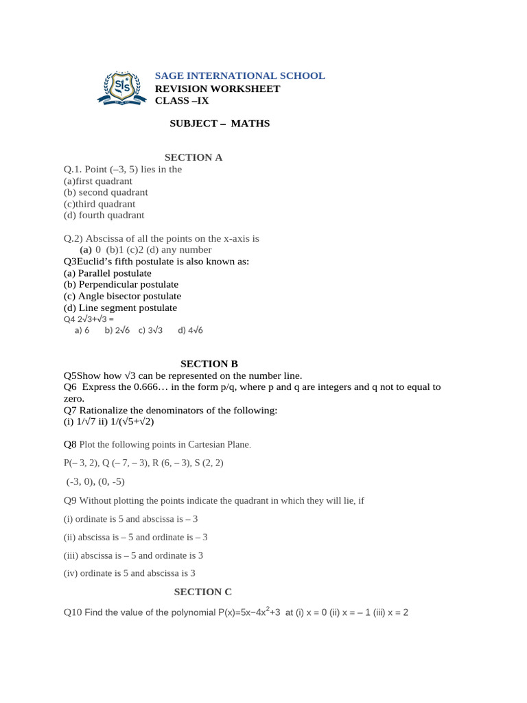 IX Maths Worksheet 2025-26 | PDF