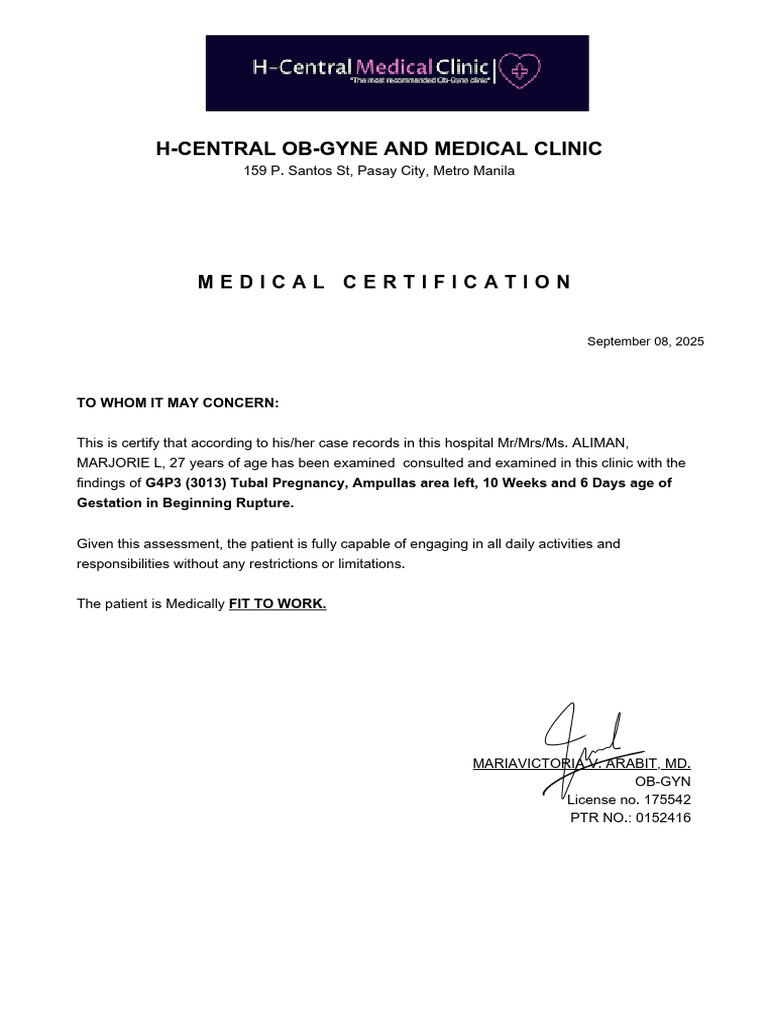 Medical Certification for Marjorie Aliman | PDF