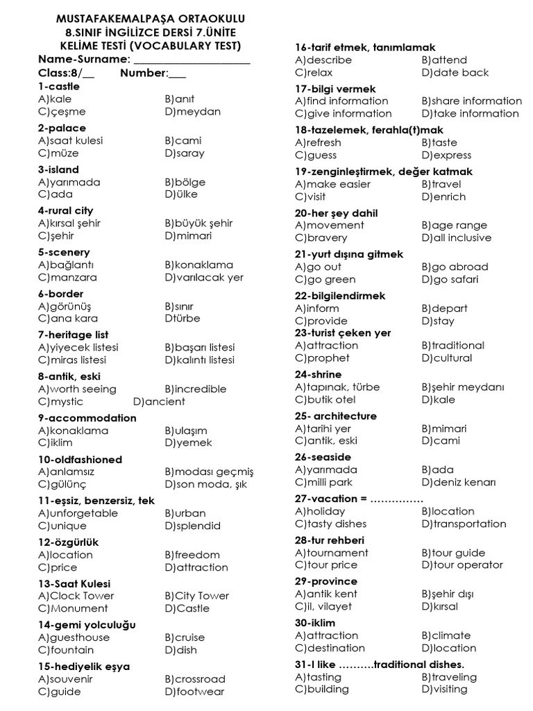 Vocabulary Test Unit 7 | PDF