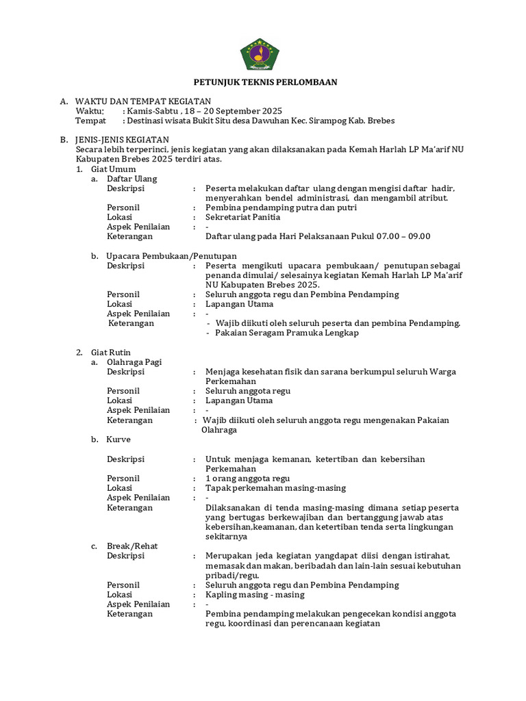 Juknis Kemah Harlah LP Ma'arif NU Brebes 2025 | PDF