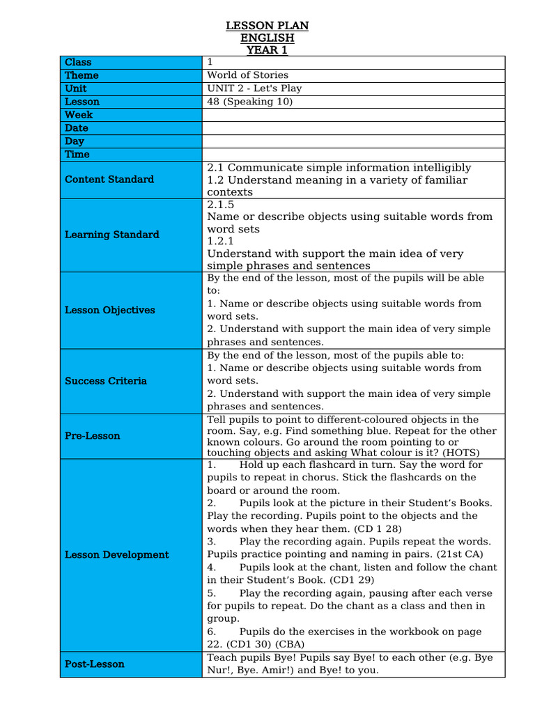Year 1 English Lesson Plans: Let's Play | PDF | Lesson Plan | Teachers
