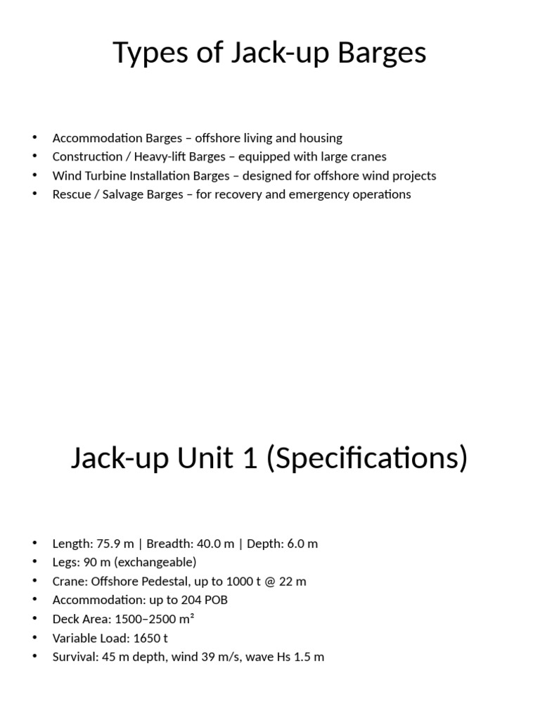 Jack-up Barges: Specifications & Roles | PDF | Shipping | Water Transport