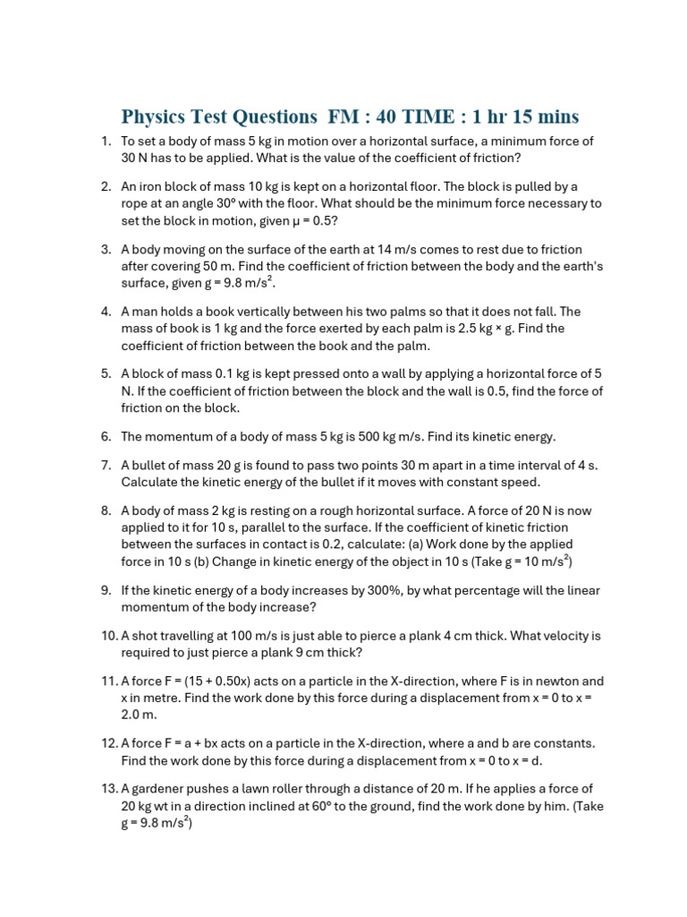 Physics Test Questions on Forces and Motion | PDF | Force | Acceleration