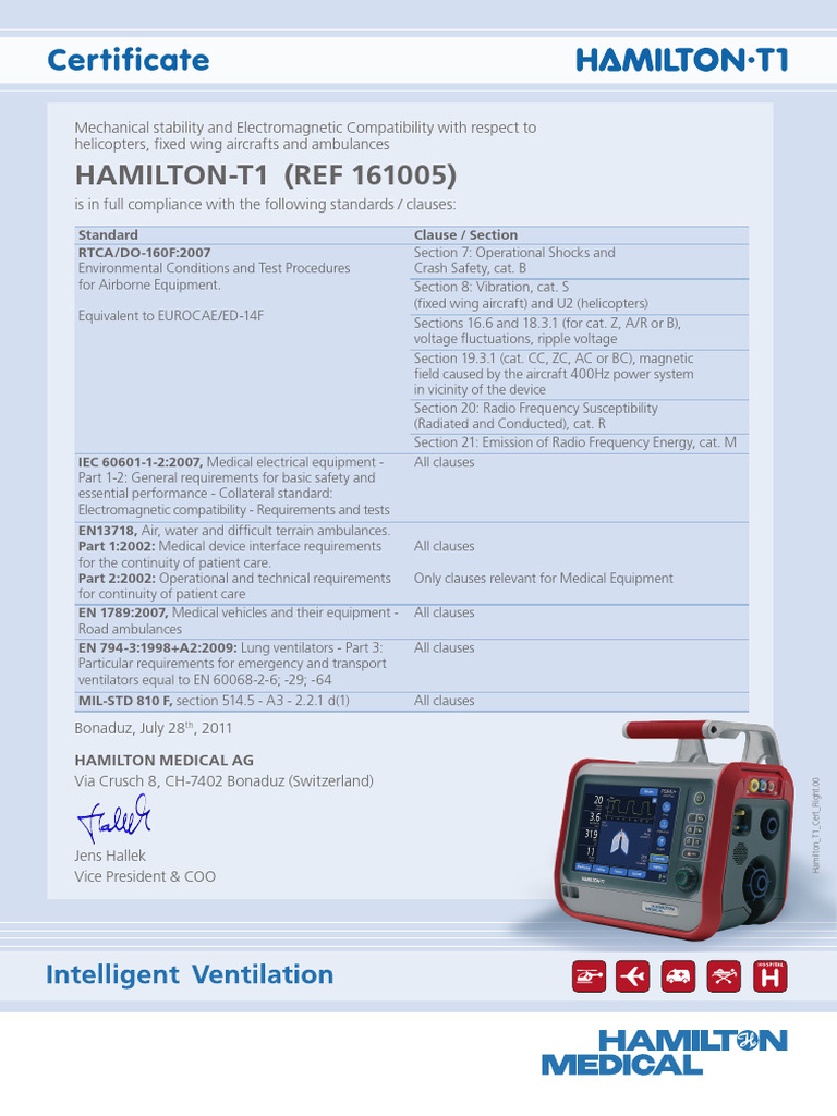 Hamilton T1 Compliance Certificate | PDF | Electromagnetic ...