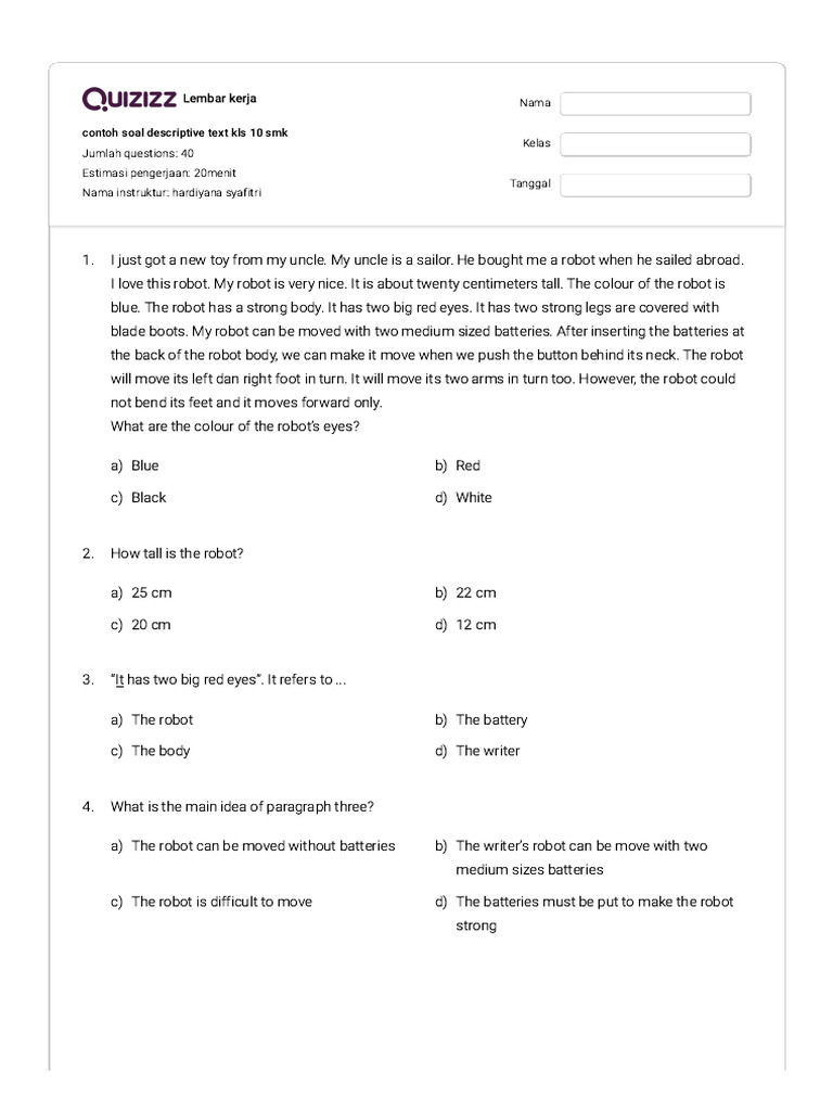 Contoh Soal Descriptive Text Kls 10 SMK - Quizizz | PDF | Orangutan