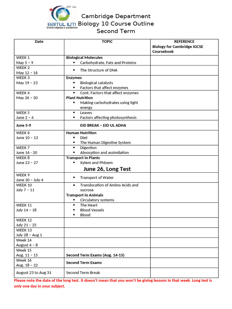 Cambridge Biology 10 Course Outline | PDF | Biology | Digestion