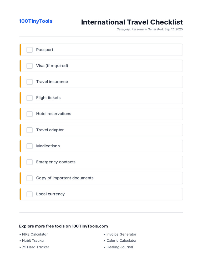 International Travel Checklist | PDF