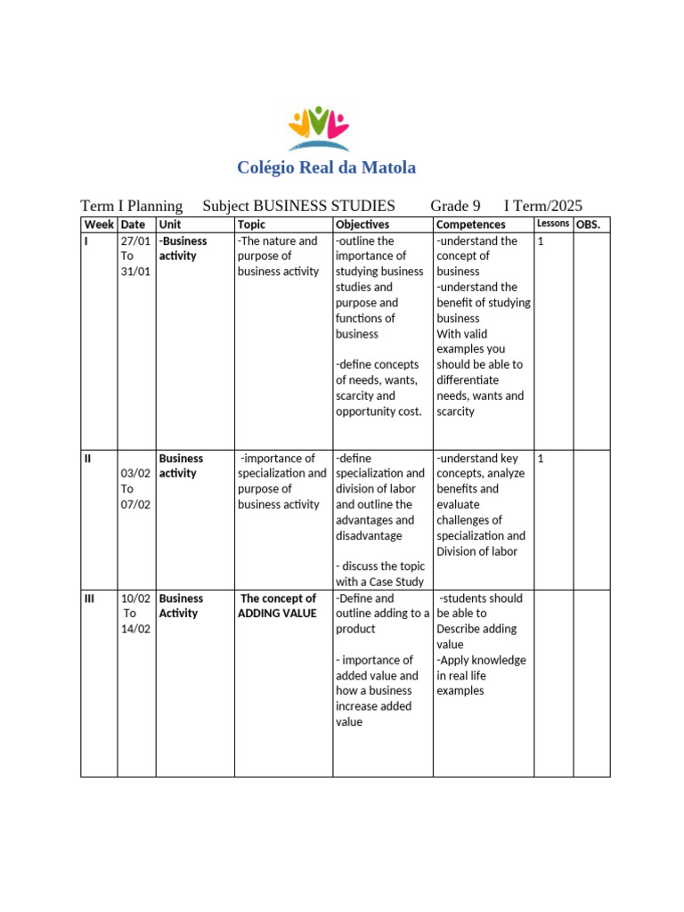 Grade 9 Business Studies Term Plan | PDF | Entrepreneurship | Business