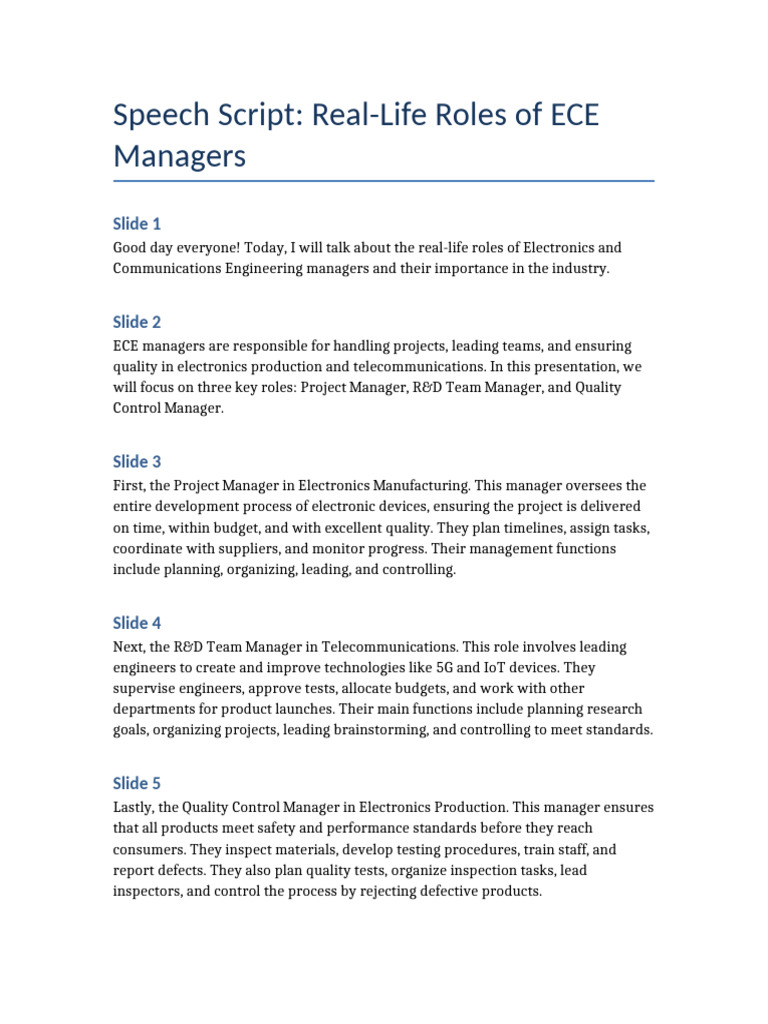 Speech Script ECE Managers | PDF