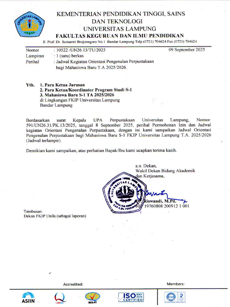 Jadwal Orientasi Perpustakaan Maba 2025-2026 | PDF