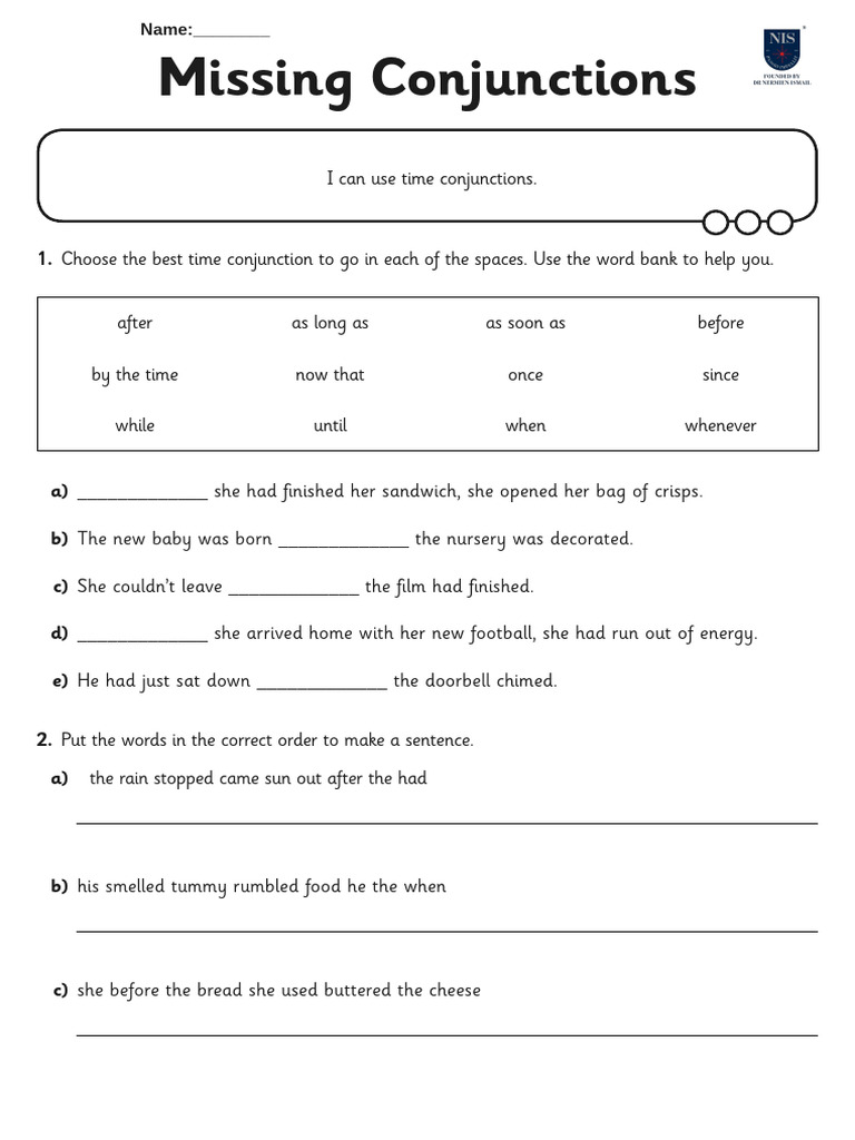 Time Conjunctions Practice Worksheet | PDF