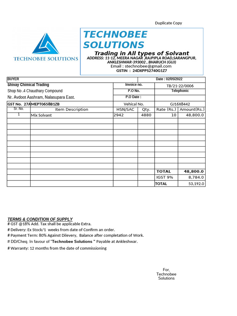 Invoice for Mix Solvent Purchase | PDF