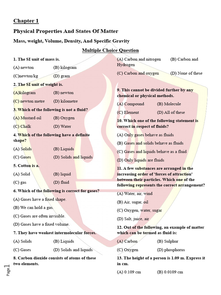 Physical Properties of Matter Quiz | PDF | Force | Density