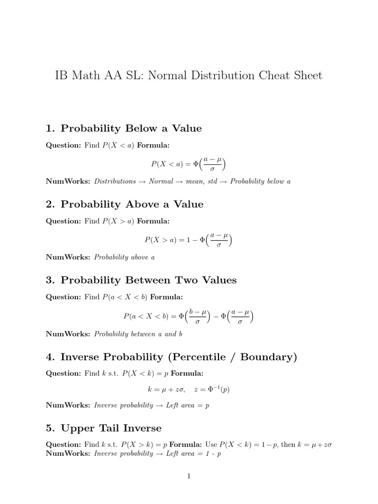 IB Math AA SL Normal Distribution Cheat Sheet | PDF