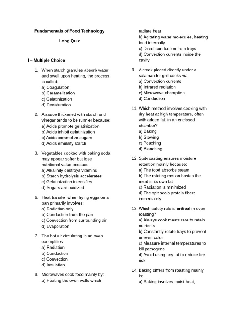 Food Technology Quiz: Cooking Methods & Nutrition | PDF | Cooking ...