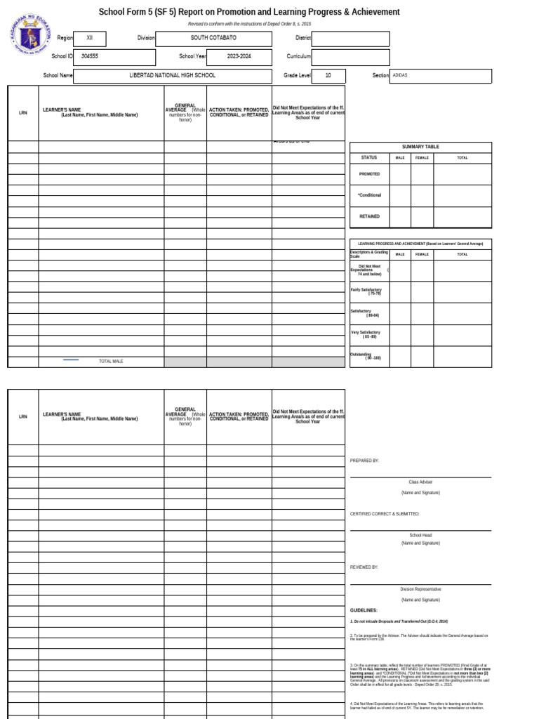 School Form 5 Report On Promotion and Learning Progress Achievement ...