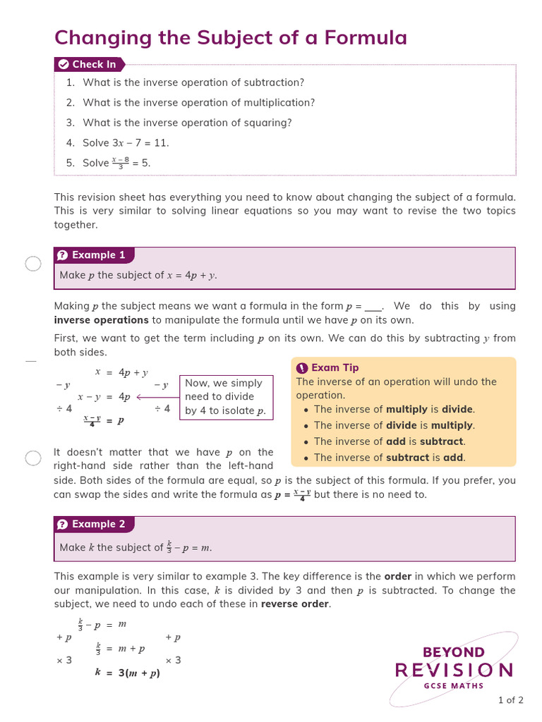 Change Subject of a Formula Guide | PDF | Multiplication | Abstract Algebra
