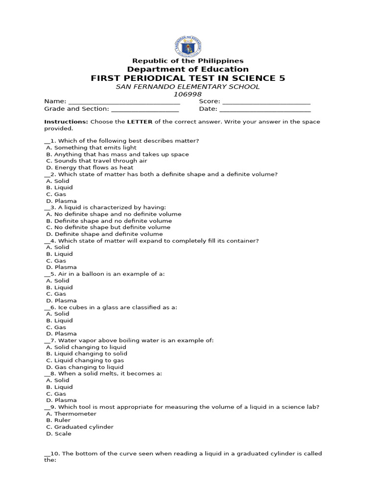 Science 5 Periodical Test Guide | PDF | Liquids | Litre